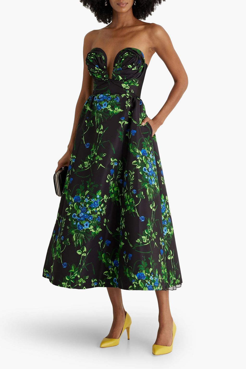 CAROLINA HERRERA Strapless Floral-Print Midi Dress: Elegant Faille ...
